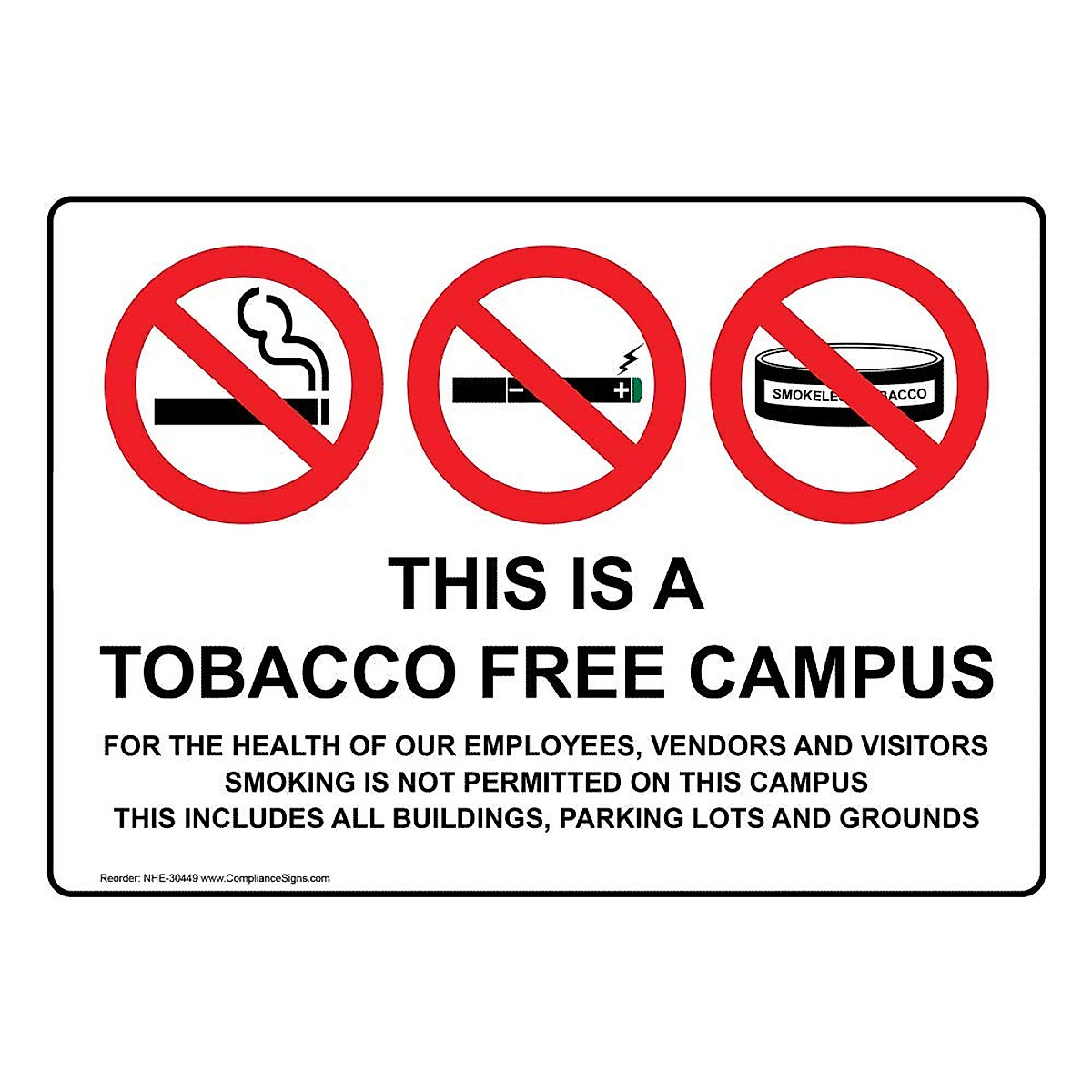 ComplianceSigns.com This is A Tobacco Free Campus Label Decal with Symbol, 5x3.5 in. 4-Pack Vinyl for No Smoking, Made in USA