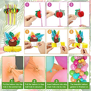 Hawaiian Aloha Luau Party Decorations, 153Pcs Tropical Summer Beach Birthday Supplies Grass Table Skirt Hanging Swirl Aloha Balloon Garland Honeycomb Centerpiece Hibiscus Palm Leaves Straws CakeTopper