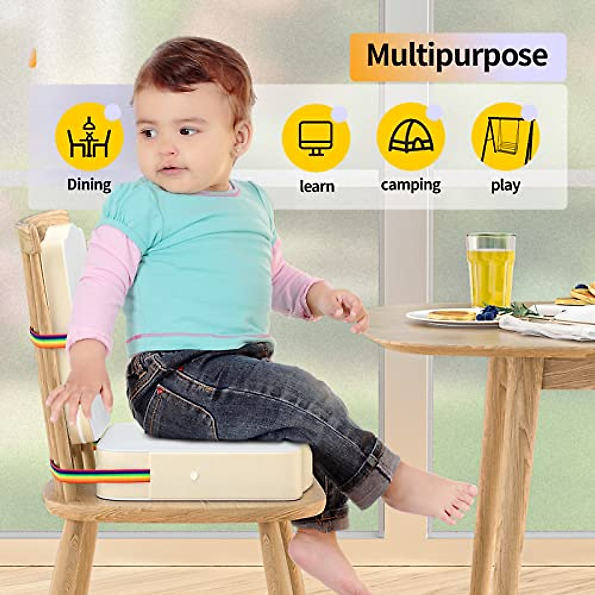 Toddler Booster Seat for Dining Table, Portable 3 Height Adjustable Cushion with Backrest, Non-Slip , Waterproof ,Dismountable& Washable Chair Cushion with Buckle Strap, (Grey)