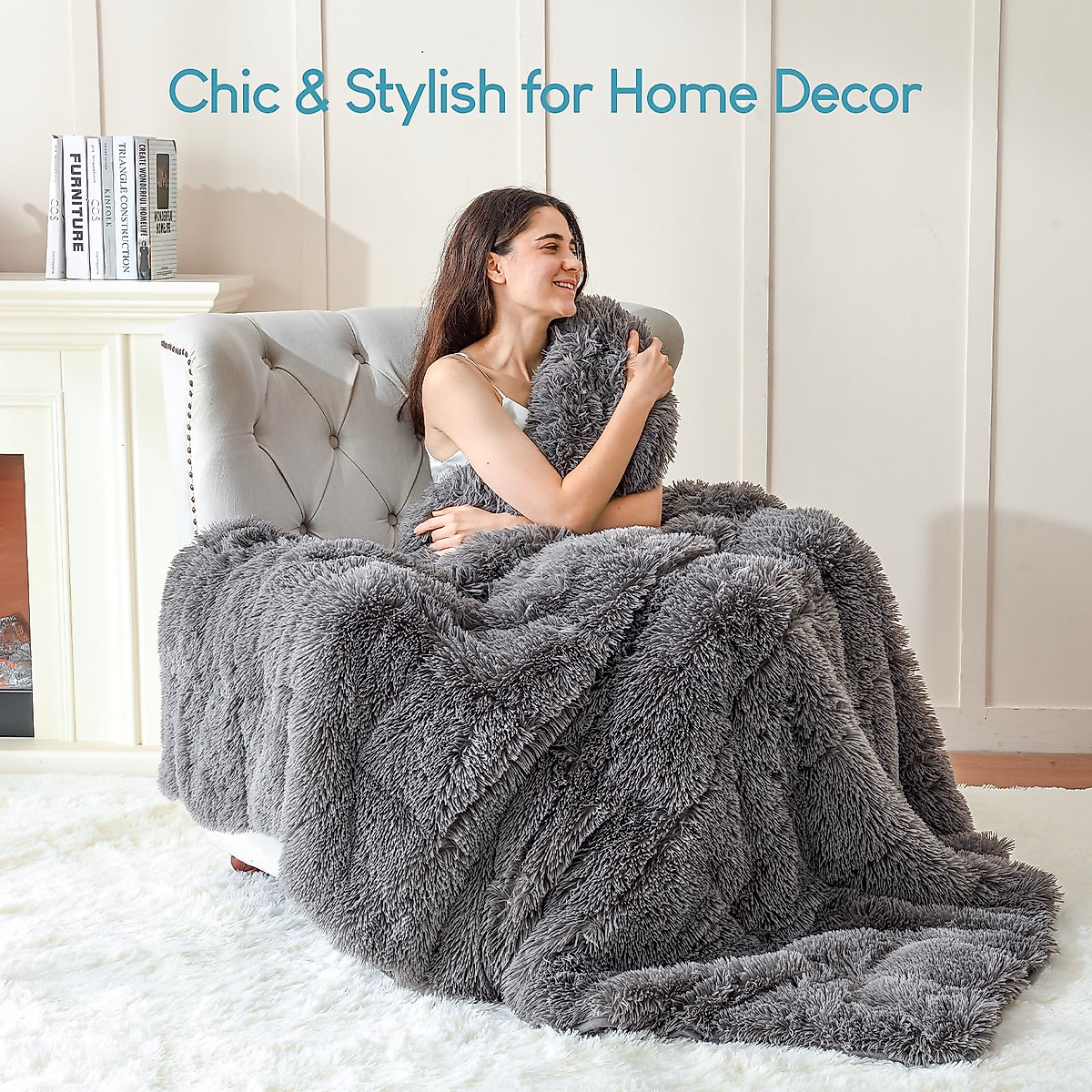 Cottonblue Faux Fur Reversible Sherpa Weighted Blanket 15lbs,Luxury Snugly Long Fur Warm Heavy Blanket 60x80 inches,Super Soft Fuzzy Fleece Blanket for Cold Days,Gray