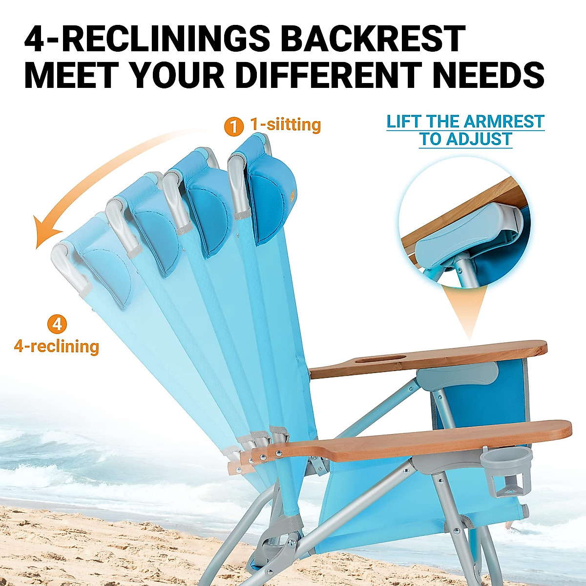 #WEJOY Oversized Beach Chair, 5 Adjustable Reclining Folding Backpack Beach Chairs for Adult, High Back Seat Chair with Bottle Opener,Handle Strap,Phone&Cup Holder for Camping Sand,300 Lbs
