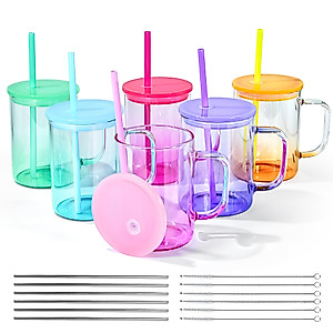 AGH 6 Pack Sublimation Glass Blanks with Colorful Lid and Straw, 16oz Gradient Colorful Glass Sublimation Beer Can with Handle, Sublimation Glass Cups, Sublimation Glass Tumblers