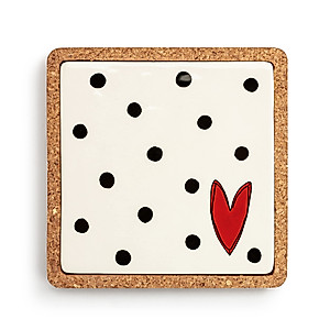 Demdaco Dots and Heart Glossy White 7.5 inch Stoneware Cork Base Trivet