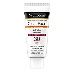 Neutrogena Clear Face Liquid Sunscreen for Acne-Prone Skin, Broad Spectrum SPF 30 Sunscreen Lotion with Helioplex, Oxybenzone-Free, Oil-Free, Fragrance-Free; Non-Comedogenic, 3 fl. oz