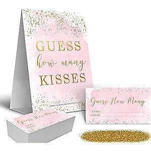 Your Main Event Prints Pink and Gold How Many Kisses Game Sign - Guess How Many - Perfect for Bridal Showers and Weddings - 1 Self-Standing Sign and 50 Guessing Cards