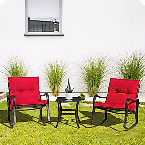 Domi 3 Piece Rocking Chair Patio Bistro Set Balcony Chairs Iron Conversation Sets Outdoor Furniture with Glass Coffee Table for Porch Poolside Lawn (Red, Curved Armrest)