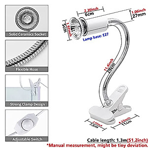 XJhoma Rotatable Mounting Clip E27 Base Habitat Heat Lamp with Adjustable Switch & 220V Reptiles UVA/UVB3.0 Sun Heat Lamp Bulb [50W Lamp Bulb, 220V, US Standard Plug]