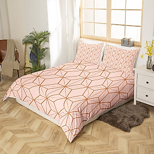 Geometric Bedding Duvet Cover Set Kids Geometry Bedding Set Modern Abstract Art Comforter Cover Set for Boys Room Decor Lightweight Golden Pink Bedspread Cover Full Size with 2 Pillow Case