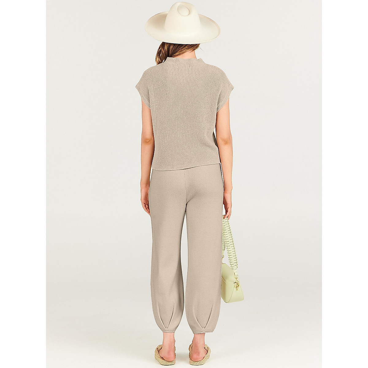 ANRABESS Women's Two Piece Outfits Knit Sweater Vest Crop Top Pants Lounge Matching Tracksuit Sweatsuit Travel Clothes Sets Khaki Small