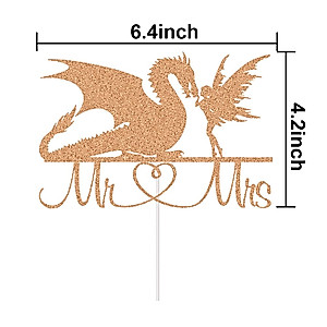 Dragon and Fairy Cake Topper, Wedding Cake Decors, Mr & Mrs, Bride and Groom, Rose Gold Glitter Party Decorations for Engagement/Bridal Shower