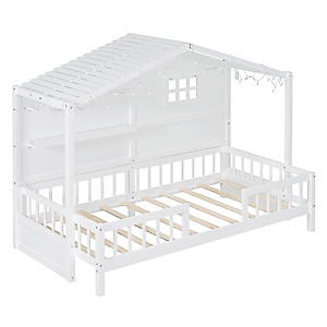 BestLM Twin Size House Bed with Semi-Enclosed Fence & Shelves, Wood House Bed Frame with Window & Sparkling Light Strip on The Roof for Kids Teens Girls Boys, No Box Spring Required, White
