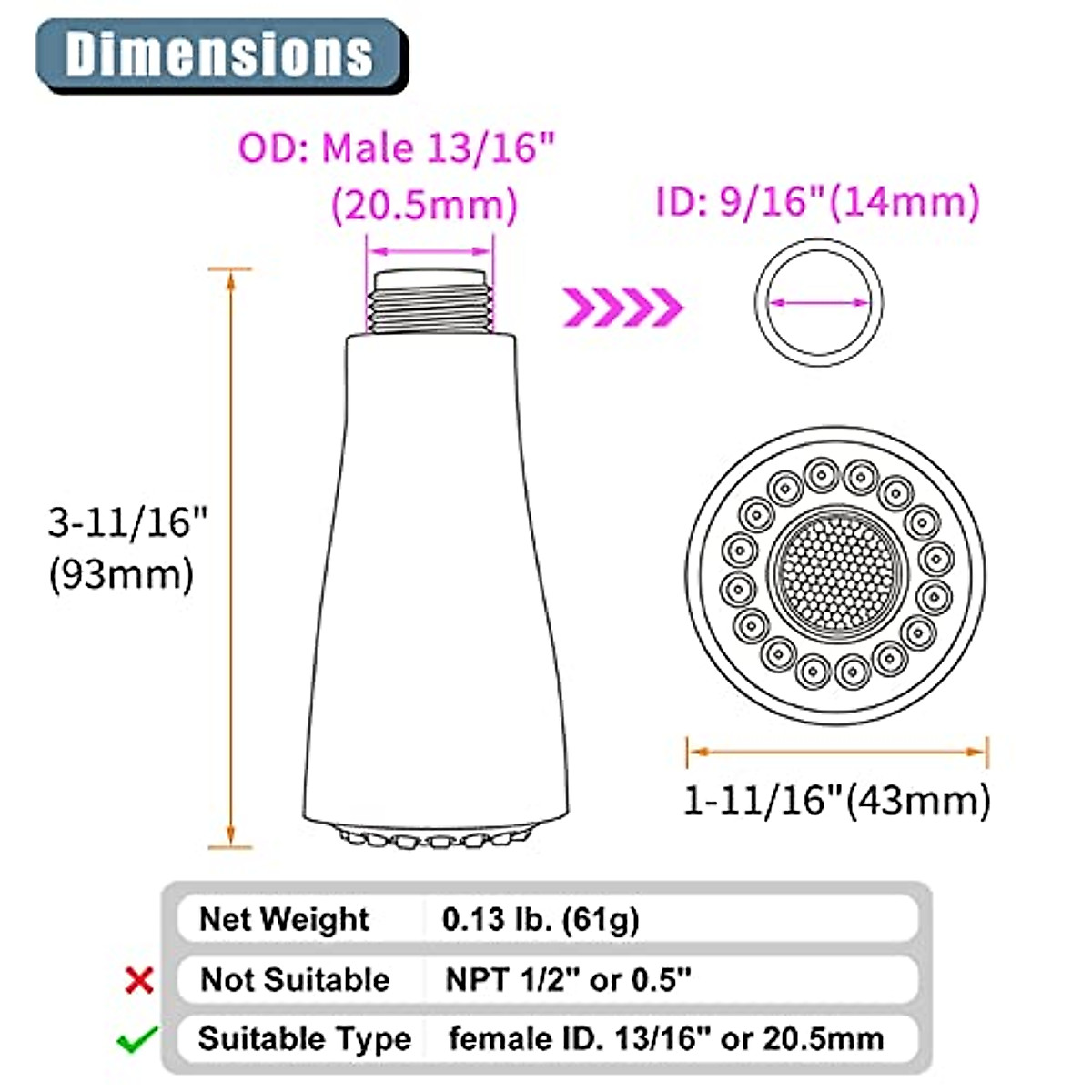 Pull Down Faucet Spray Head, Angle Simple Kitchen Sink Faucet Sprayer Nozzle Head Pull Out Hose Sprayer Replacement Part Faucet Head Kitchen Tap Sprayer Spout, Oil Rubbed Bronze