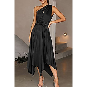 PRETTYGARDEN Women's Summer Long Satin Dress One Shoulder Sleeveless Ruched Twist Flowy Maxi Dresses (Black,Medium)
