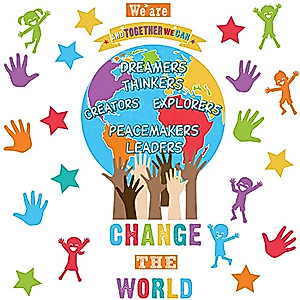 Pajean 88 Pieces One World Together Classroom Decorations We Can Change The World Classroom Wall Decor We are and Together Hands Cutouts with Stars Cutouts for Classroom Decor (Colorful Brights)
