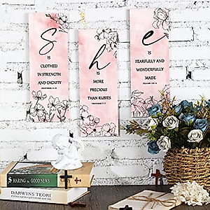 Qunclay 3 Pcs Pink Flower Inspirational Wall Decor Art Gift Wooden Motivational Hanging Christian Quotes Floral Decor for Women Girl Living Room Gift (11.81 x 3.94 x 0.2 Inch,Pink)