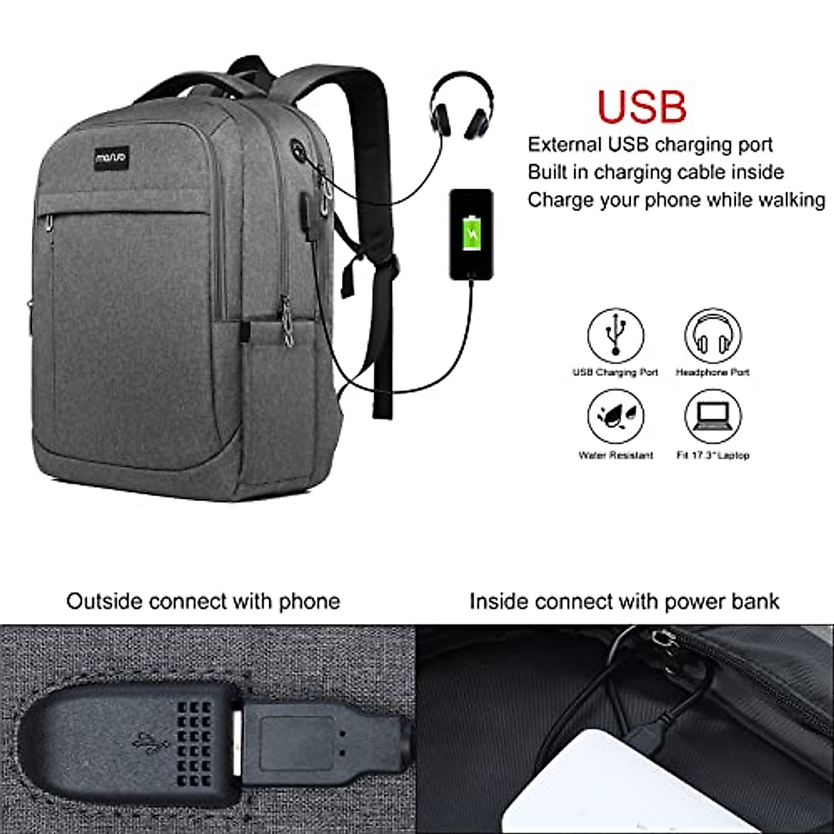 MOSISO 21L Business Travel Laptop Backpack, Polyester Anti-Theft Casual Daypack with Trolley Belt&USB Charging Port&Front Horizontal Vertical Pockets, College School Bag for 15.6-16 inch Notebook,Grey