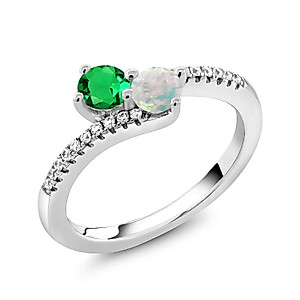 Gem Stone King 925 Sterling Silver Green Nano Emerald and White Opal Bypass Ring For Women (0.79 Cttw, Gemstone May Birthstone, Round 4MM, Available In Size 5, 6, 7, 8, 9)