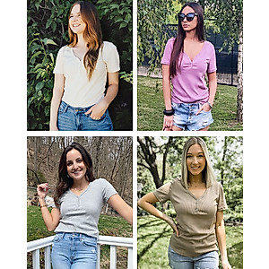 MEROKEETY Women's Short Sleeve V Neck Ribbed Knit Button T Shirts Henley Solid Color Summer Tops, Green, M