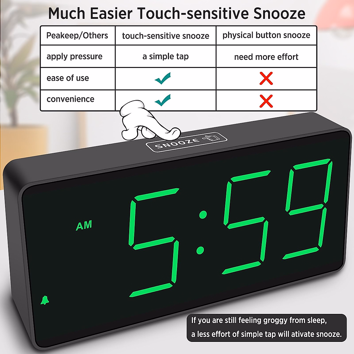 Peakeep Battery Operated Digital Clock, Alarm Clock for Bedrooms - Cordless Large Big Numbers 4 Dimmers for Seniors, Adjustable Volume Loud Alarm Clock for Heavy Sleepers Adults (Green Digits)