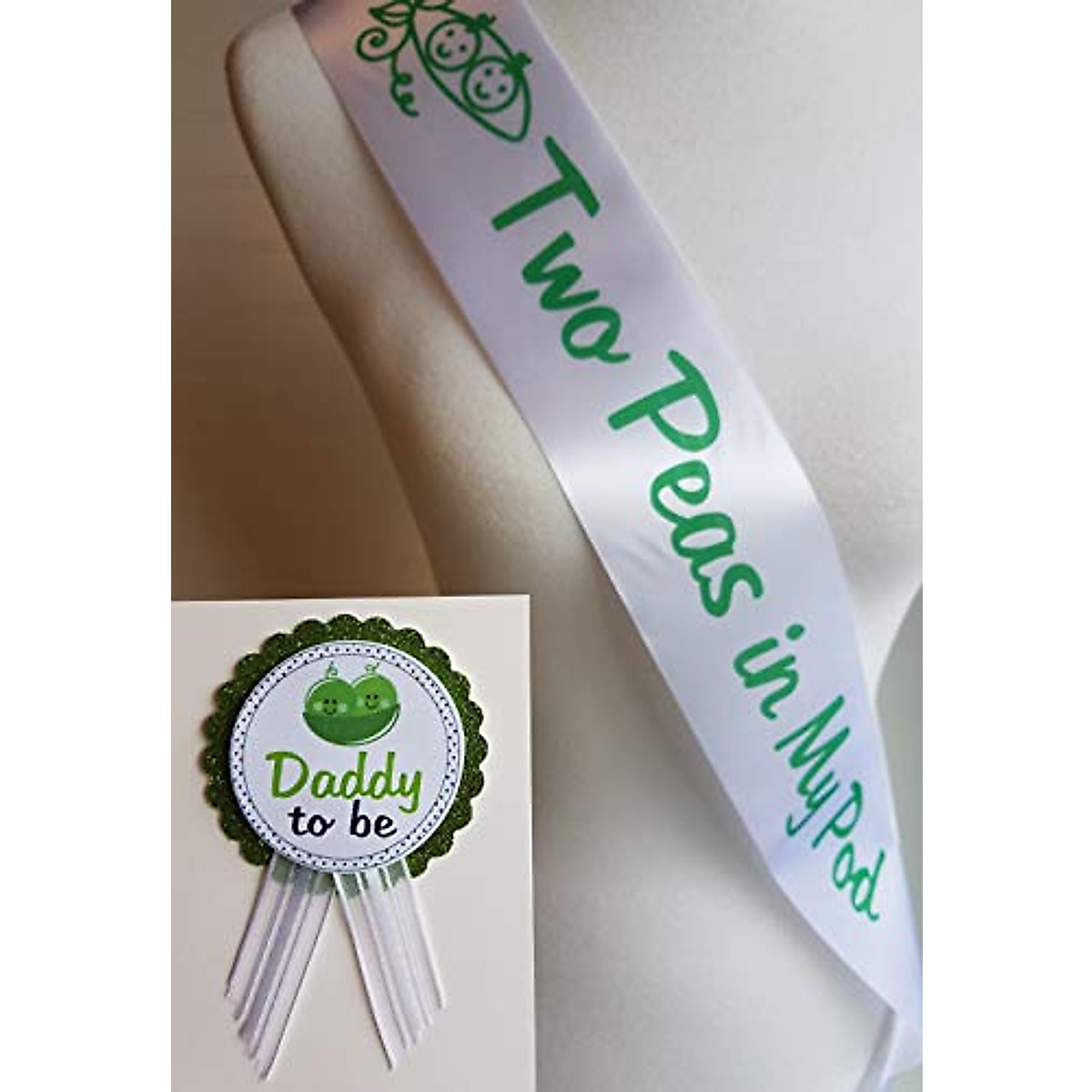 Twin Baby Shower Party Sash & Pin for Mom and Daddy to Be"Two Peas in My Pod"