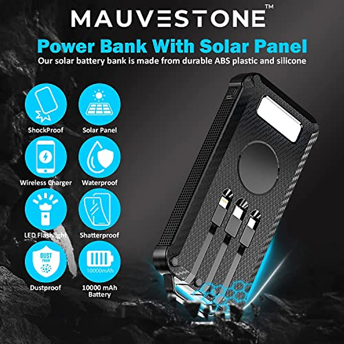 MauveStone Solar Power Bank - Portable Charger with LED Flashlight - Wireless Charging Enabled, with Built-In USB-C, Micro-USB & Cable Compatible with Apple & Android Phones - Waterproof