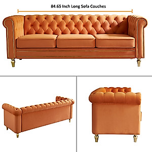 Homtique 84" Modern Sofa Couch for Living Room, 3 Seater Couch Comfy Velvet Sofa Button Tufted Rolled Arms and Gold Legs, Chesterfield Sofa for Home Studio/Office, Bedroom, Orange