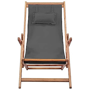 vidaXL Beach Sling Patio Chair, Outdoor Folding Deck Chair with Solid Wooden Frame, Patio Lounge Chair for Balcony, Fabric and Wooden Frame Gray