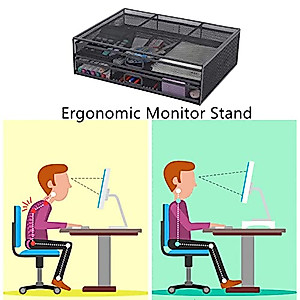 YCOCO Monitor Stand Riser,Metal Mesh Monitor Riser Desktop Stand with 2 Storage Drawers,Multi-Purpose Desktop Storage Stand for Computer,Laptop,Printer,Black
