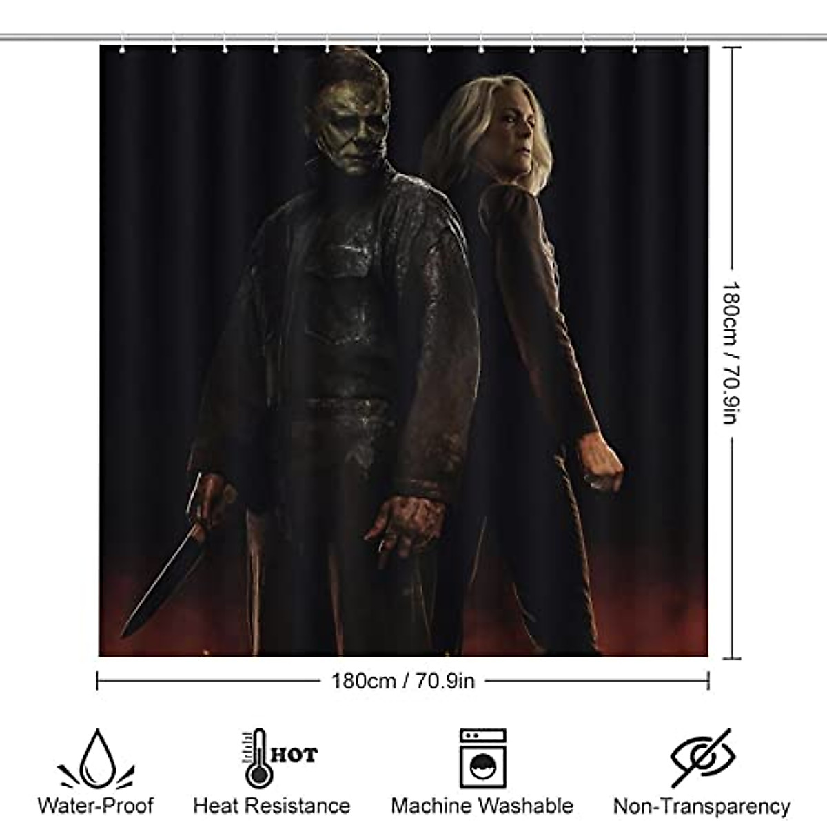 4Pcs Halloween Ends Shower Curtain Set with Non-Slip Rugs, Toilet Lid Cover and Bath Mat, Halloween Michael Myers Bathroom Decor Sets with 12 Hooks 70.9 X 70.9 Inches