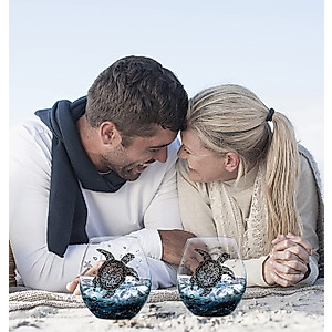 Mothers Day Gift for Women-Sea Turtle Wine Glasses - 13.3 oz Crackle Teal Design, Hand blown Tortoise Wine Tumbler,Sea Turtle Gifts for Women