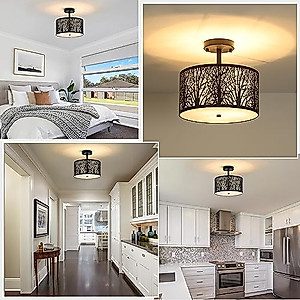 Stepeak Semi Flush Mount Ceiling Light Fixture, Black Light Fixture, 3-Light Drum Light with Etched Pattern Shade, Farmhouse Ceiling Lights for Bedroom Kitchen Hallway Dining Room Foyer Entryway