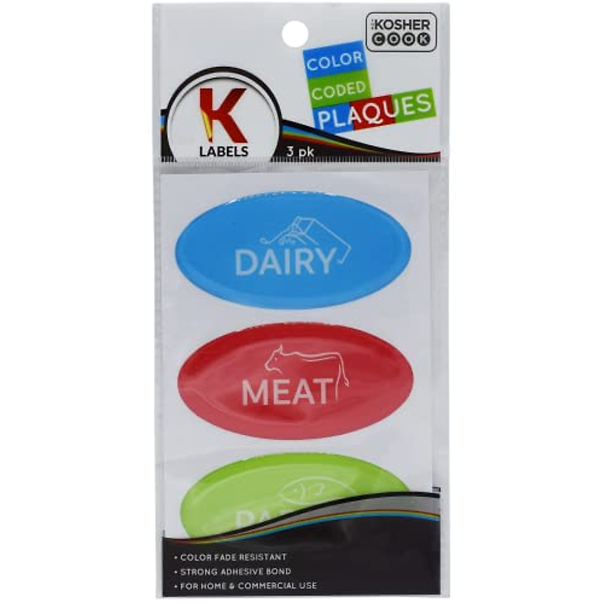 6 Kosher Plaques and Labels – 2 Blue Dairy, 2 Red Meat, 2 Green Parve - Self Adhesive, Color Fade Resistant – Color Coded Kitchen Stickers by The Kosher Cook