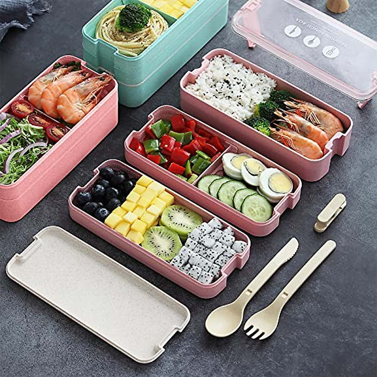 JSVSLTD 28pcs Bento Lunch Box Kit, 3 Layer Stackable Leakproof Lunch Container for Office Work Picnic (Pink)