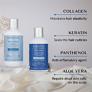 Kerotin Collagen Shampoo and Conditioner - Collagen Hair Treatment Set with Keratin, Rosemary, and Coconut Oil. Repair Damaged Hair, Prevent Breakage and Eliminate Frizz. Made in the USA