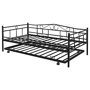Twin Daybed with Trundle Metal Day Bed Frame with Pullout Trundle, Heavy-Duty Daybed for Living Room Bedroom Kids Teens and Adults, Black