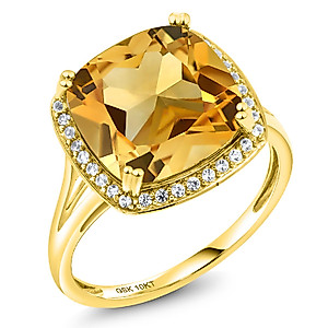 Gem Stone King 10K Yellow Gold Yellow Citrine & White Created Sapphire Ring For Women | 6.09 Cttw | Cushion Cut 12MM | Gemstone Birthstone | Ring Size 5-9