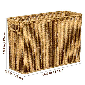 STOBAZA Woven Basket with Handles Magazine Book Storage Basket Bin for Home Office, Handwoven Narrow Basket for Books, Newspaper, File and Mail - 38.00X26.00X15.00CM