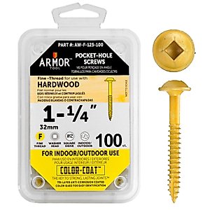 ARMOR TOOL Pocket Hole Screws - 1-1/4" Fine Thread Joinery Screws 100 Pack with Yellow Color Coat & Square Drive - AW-F-125-100