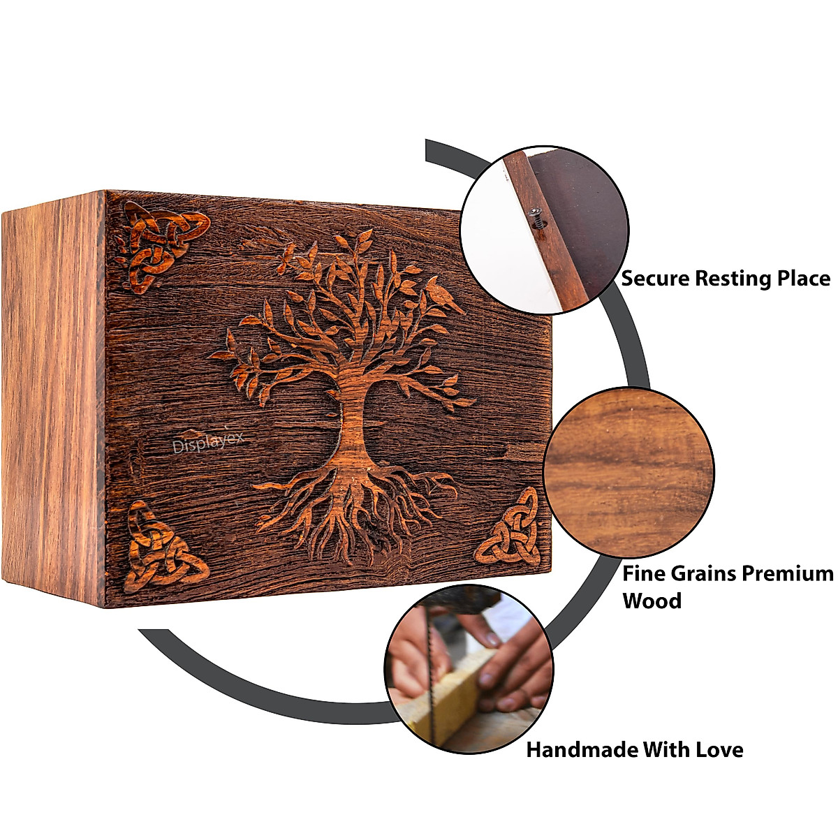 Displayex India Handmade Engraved Tree of Life Cremation Urns for Human Ashes Adult Male Female - Urn for Ashes for Women, Dog Cat Pet Memorial Urn, Wooden Decorative Urns (Medium - 140 Cu.in)