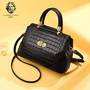 LAORENTOU Genuine Leather Handbags Purse for Women Small Top-handle Bags for Women, Ladies Satchel Shoulder Bags (Black)