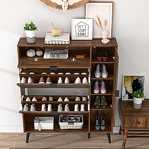 Shoe Storage Cabinet with 2 Flip Drawers Narrow Shoe Cabinet with Doors Freestanding Shoe Organizer Cabinet with Adjustable Shelf Slim Hidden Cabinet for Entryway (Walnut)