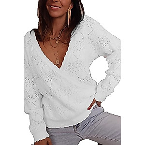 Dokotoo Womens Tops Sweaters Ladies V Neck Pullover Stylish Casual 2023 Fall Winter Long Sleeve Oversized Lightweight Comfy Cable Knit Pullover Cropped White
