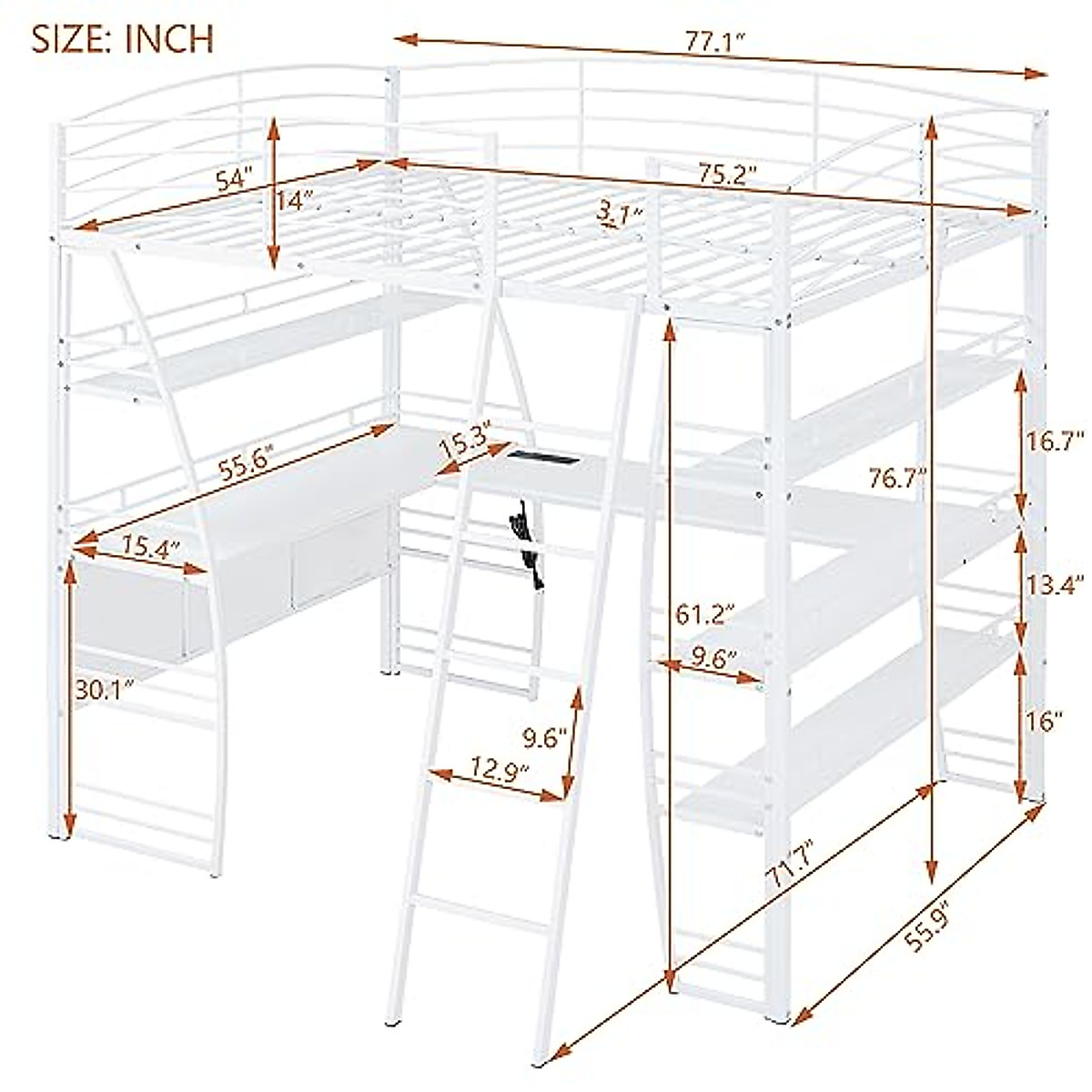 HAUSHECK Full Size Loft Bed with L-Shaped Desk & 4-Tier Open Shelves & Sockets & USB Ports & Wireless Charging Design, Sturdy Metal Bedframe w/Ladder & Safety Guardrails for Kids Teens Adults