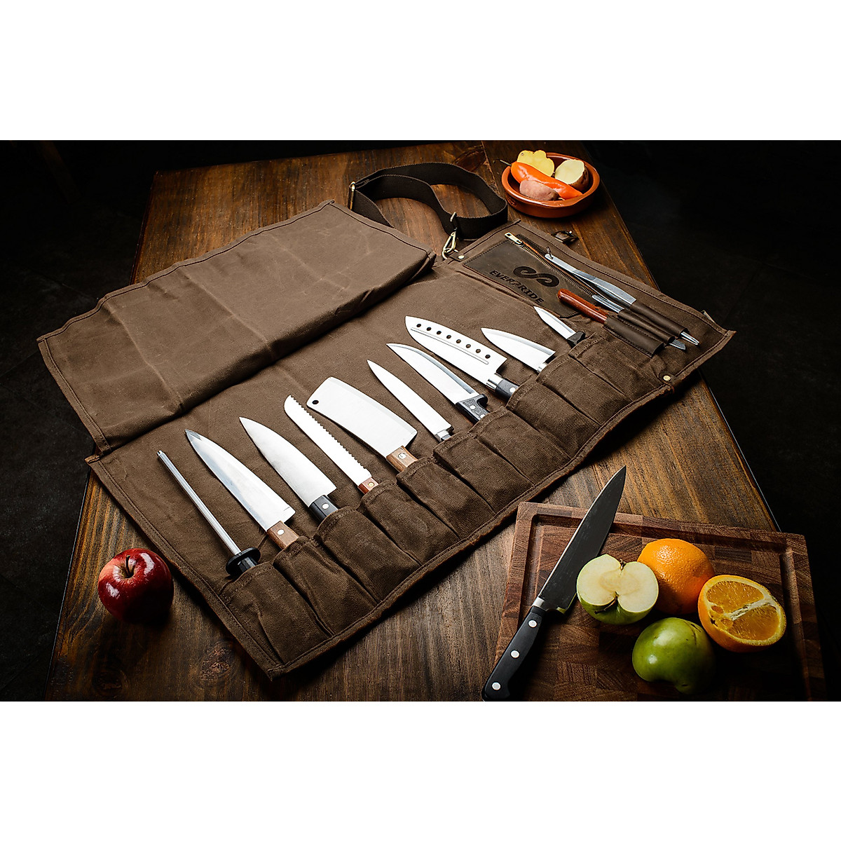 EVERPRIDE Waxed Canvas and Leather Chef Knife Roll Bag – Chef Bag Holds 10 Knives up to 18” PLUS Pocket for Cooking Accessories – Durable Knife Case for Professional Chefs – Knives Not Included