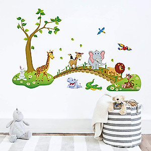Runtoo Jungle Animals Wall Decals Monkey Elephant Giraffe Wall Art Stickers Kids Baby Nursery Playroom Home Décor