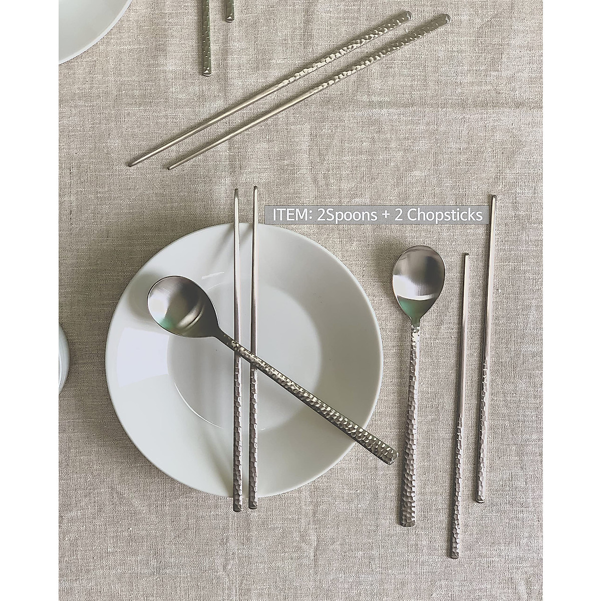 cozymomdeco Korean Made Silver Glossy Hammered Stainless Steel Korean Spoon & Chopstick SET (2SET)