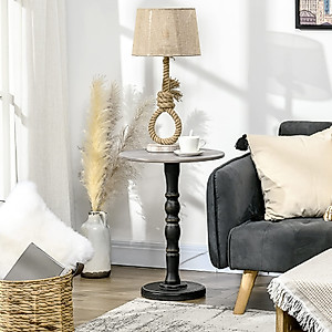 HOMCOM Pedestal Side Table, Round End Table with Wooden Leg, Retro Accent Table for Small Spaces, Living Room, Bedroom, Light Gray