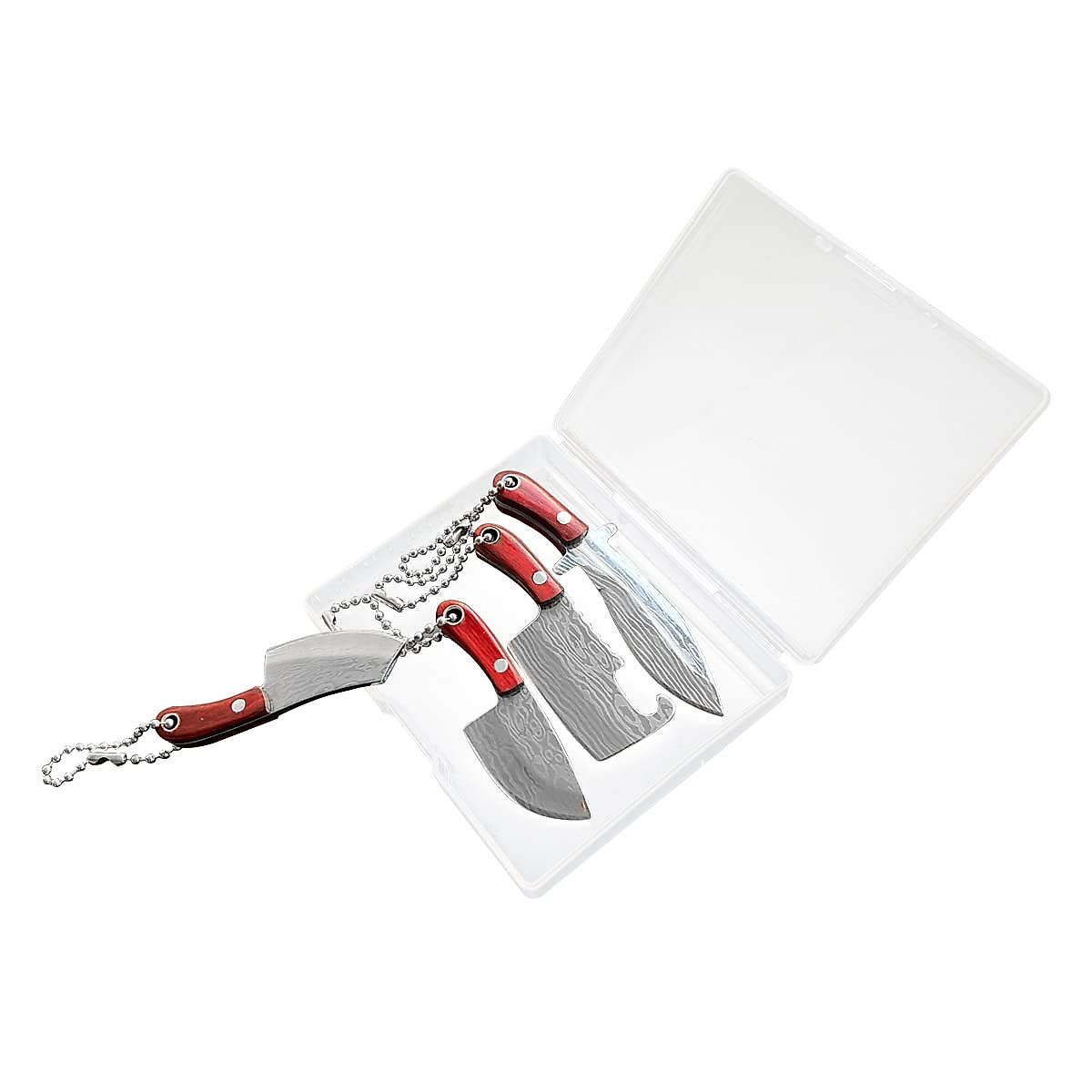 4 PcsMini Knife Set Damascus Mini Knife Decoration, Tiny Chef Knife Keychain Set for Package Box Opener Letter Opener Pendant Decoration