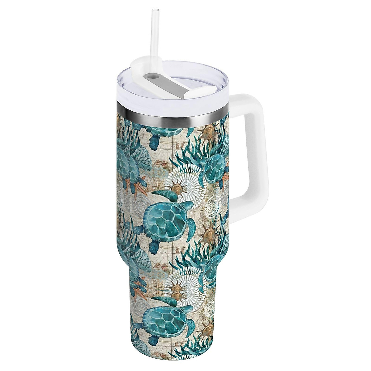 40 oz Insulated Coffee Tumbler With Lid and Straw Water Bottle Stainless Steel Tumbler for Men & Women Unique Gift Idea Sea Turtle Pattern 92