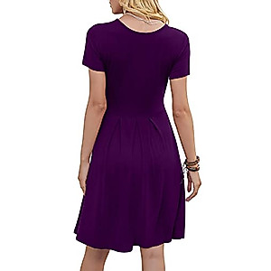 DouBCQ Women's Casual Short Sleeve Flowy Pleated Loose Dresses with Pockets (0-Purple, L)
